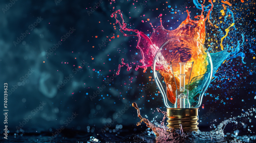 light bulb, liquid paint splashes in primary colors against a deep ...