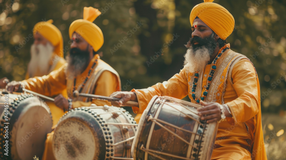 Sikh drummers in yellow robes and turbans play traditional drums ...