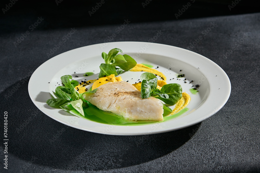 Gourmet cod steak with dual sauces on a contemporary plate, perfect for ...