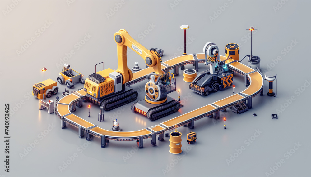 Photo Stock Isometric 3D Car Factory render, Automated Robot Arm ...