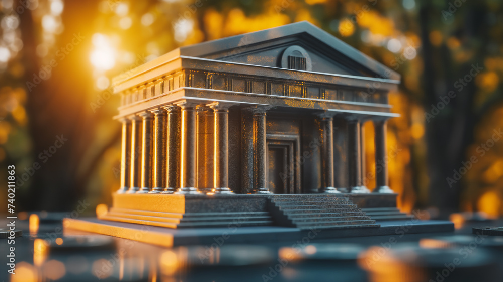 A detailed miniature model of a neoclassical building bathed in the ...