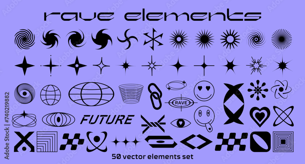 Futuristic techno rave vector elements set, brutalist collection ...