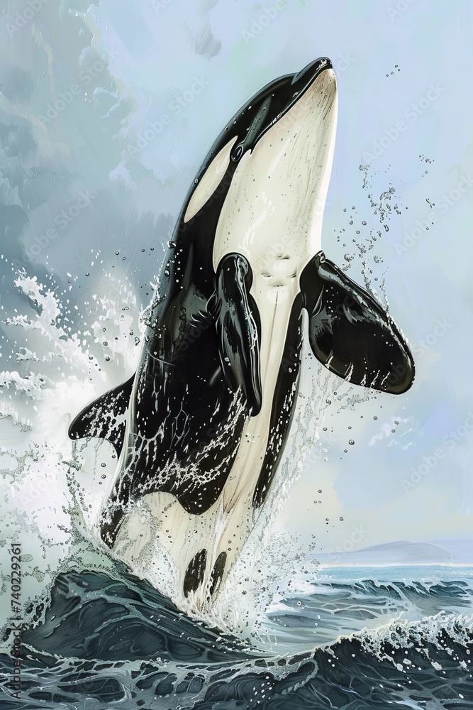 In this photo, a powerful orca is seen leaping out of the water ...