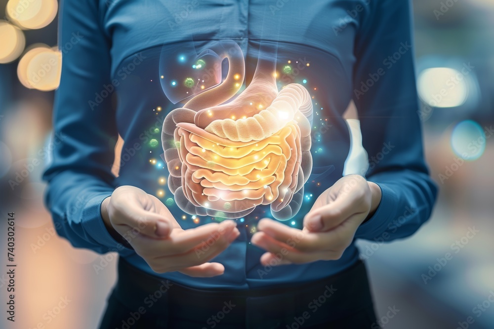 a person holding their hands over their stomach with an illustration of ...