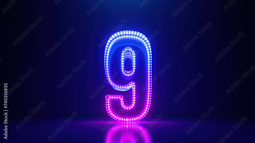 3d render, abstract number nine glowing in the dark with pink blue neon ...