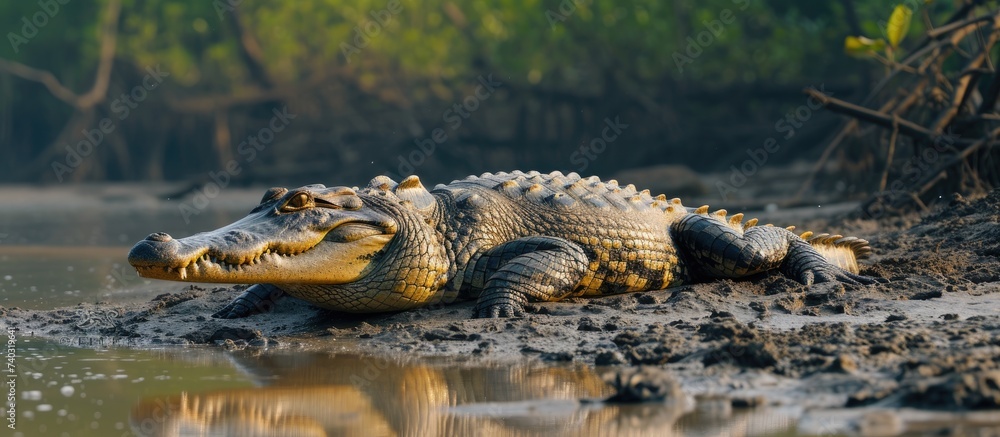 A Crocodylus porosus, a saltwater crocodile, basks in the sun on a ...