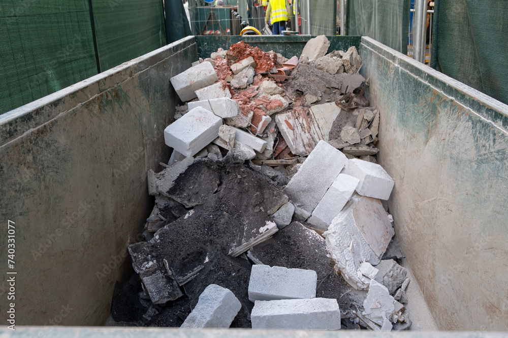 Shattered, broken construction waste after building demolition,in a ...