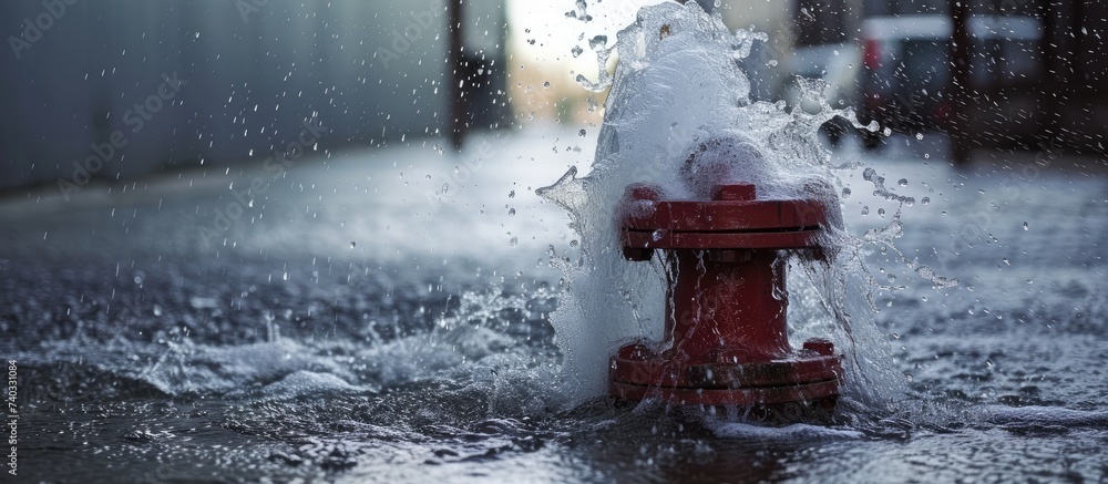 A red fire hydrant on a city street is seen spewing water forcefully ...