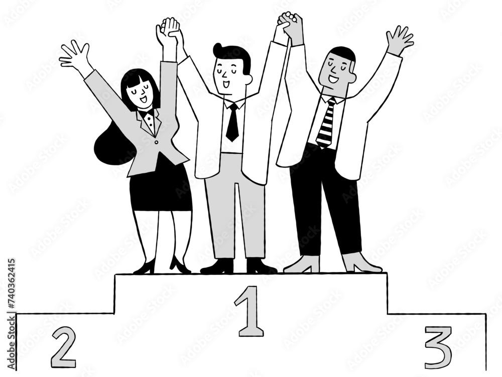 Teamwork businesspeople standing on winning podium, happy and ...