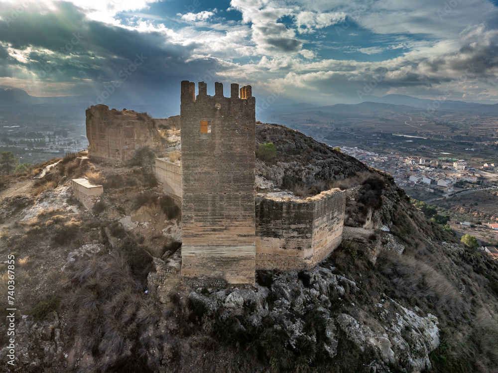 Aerial view of Pliego town and medieval castle in Southern Spain ...