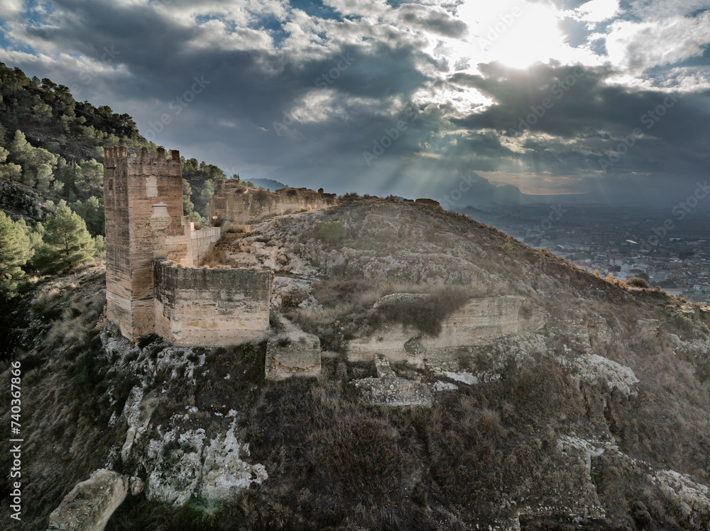 Aerial view of Pliego town and medieval castle in Southern Spain ...