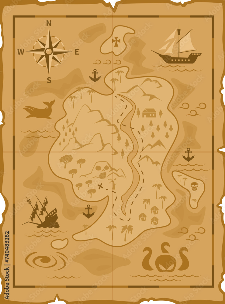 Vector de Stock Cartoon pirate treasures map. Vector worn fantasy ...