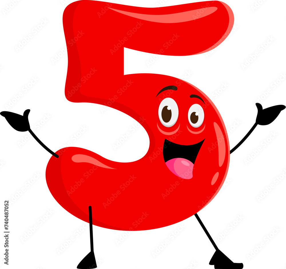 Cartoon five math number character. Funny red mathematics symbol vector ...