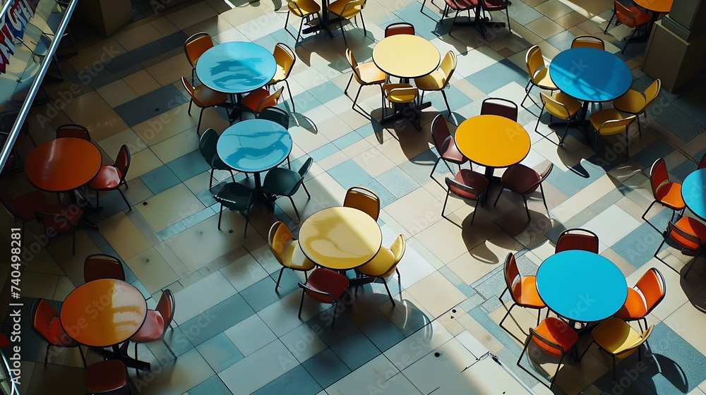 Empty round tables and chairs at a food court in a shopping mall. View ...
