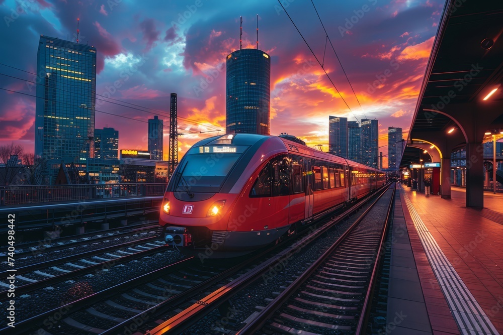 Beautiful railway station with modern high speed red commuter train at ...