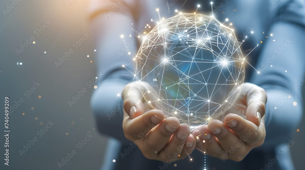Pair of hands holding a transparent globe with digital connections and ...