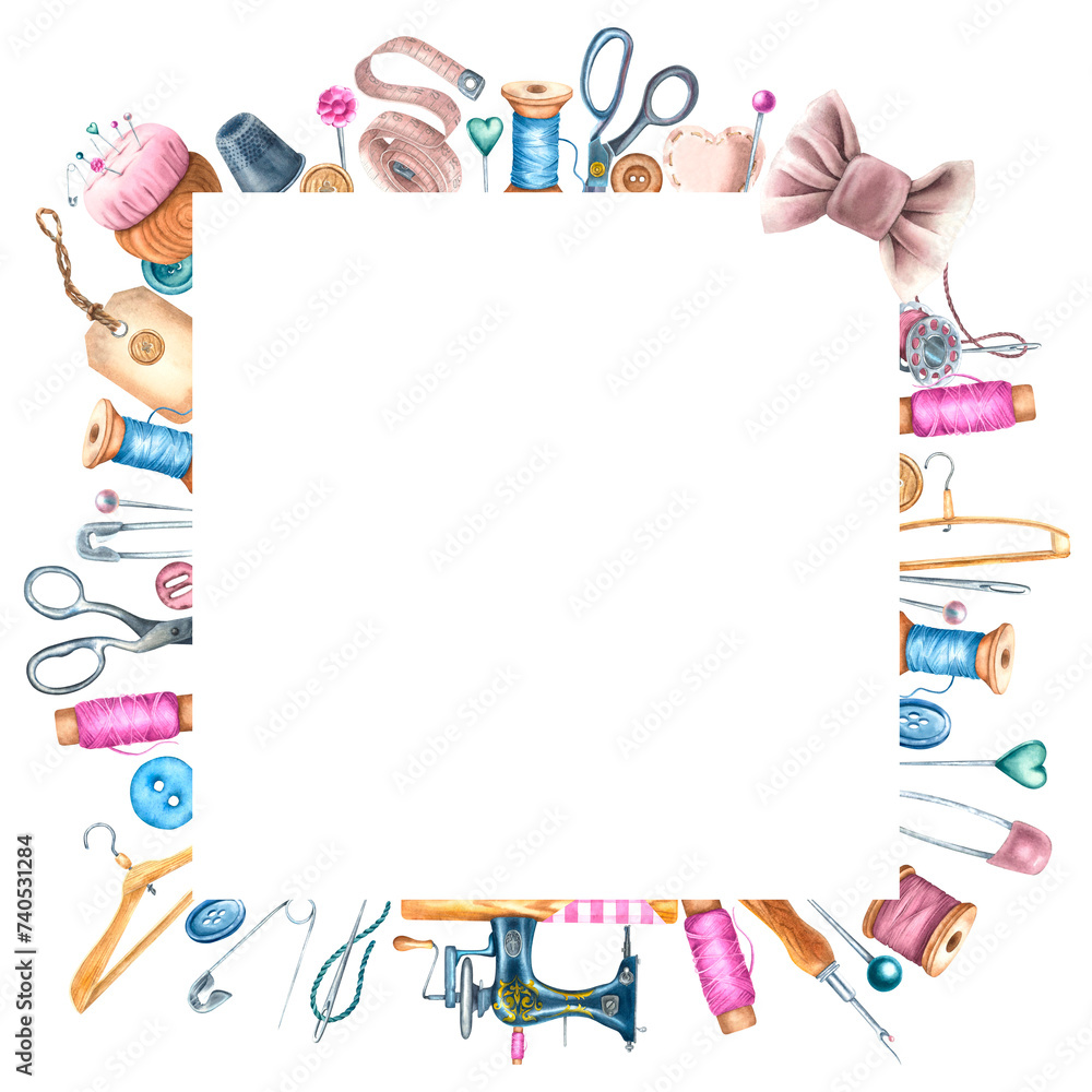 Square frame with scissors, buttons, sewing machine. Hand drawn ...