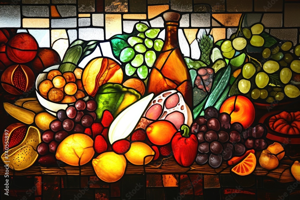 This photo captures a detailed still life painting depicting a variety ...