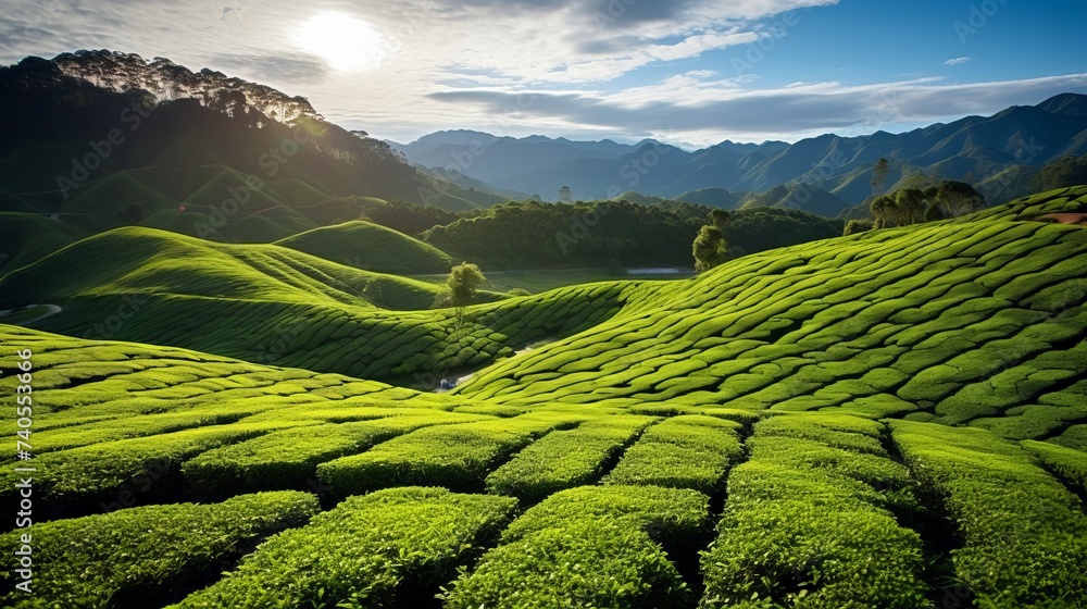 Wood platform landscape view of tea plantation with blue sky in morning ...
