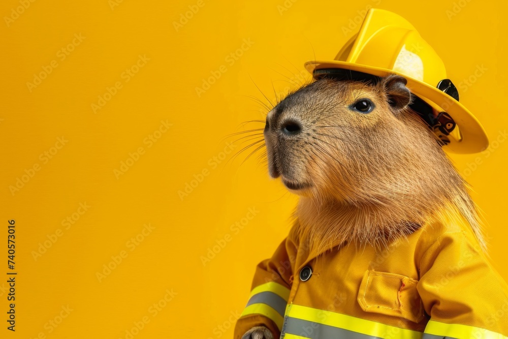 funny and cute capybara wearing in different uniforms on the colour ...