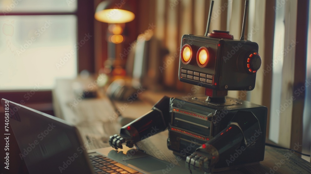 Retro Robot Avatar Using Laptop - Concept of AI and Automation, Digital ...