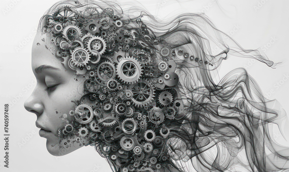 Artistic representation of a human profile with interlocking gears and cogs forming the brain ...