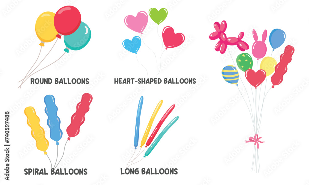 Balloons vector illustration set in cartoon style. Colorful bunch of ...