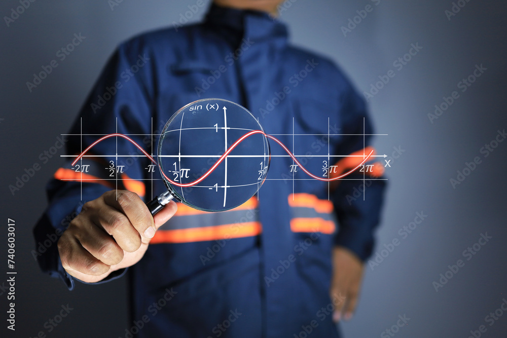 Electronic engineer use a magnifying glass expand sine wave to analyze ...
