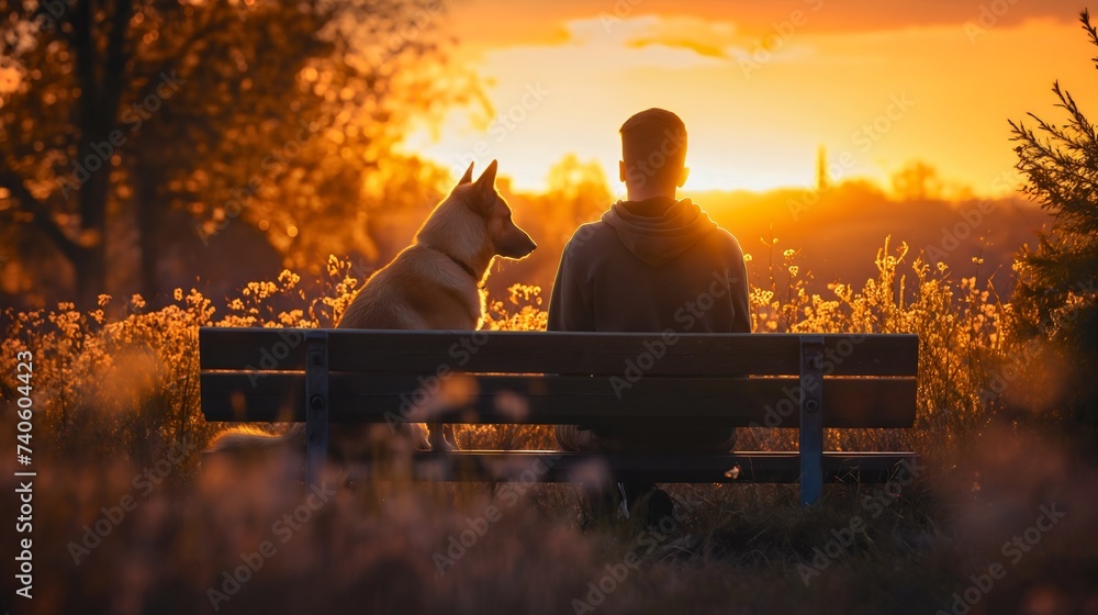 Rearview photography of a man and a dog sitting on a wooden bench in ...
