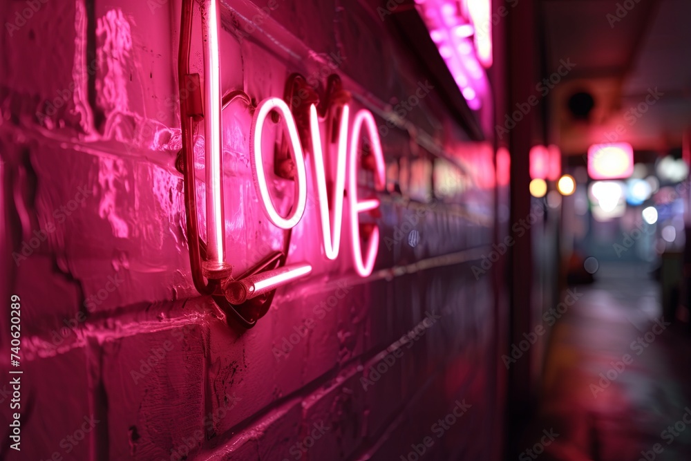 love pink neon sign on a brick wall of a bar or club. Nightlife and ...