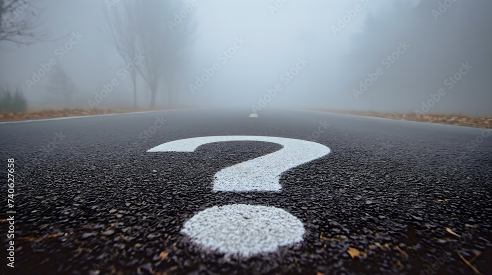 Low angle photography of a white question mark on the foggy and misty ...