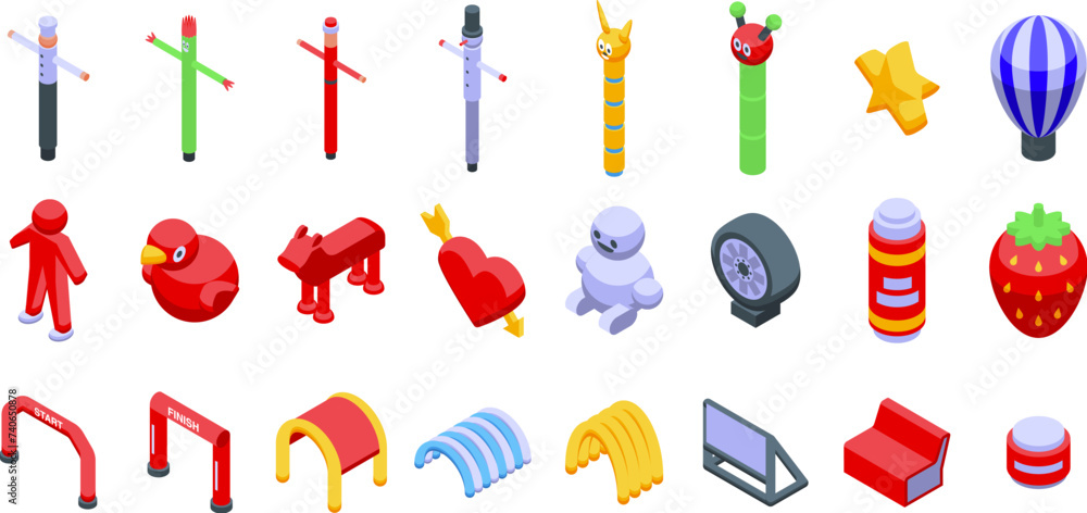 Inflatable advertising icons set isometric vector. Start finish arch ...