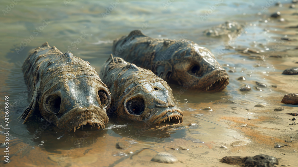 Dead fish environmental disaster with water pollution and death of ...