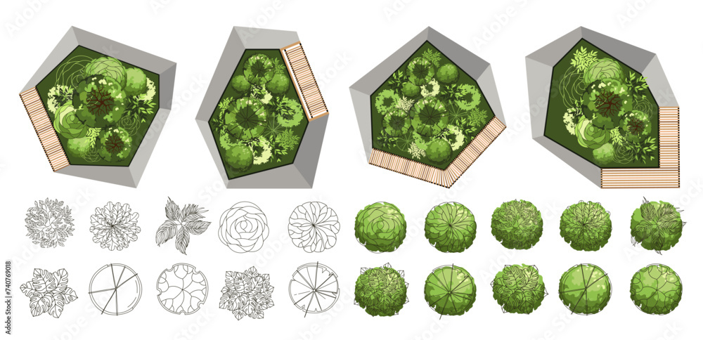 Vetor Top view elements for the landscape design plan. Trees and ...