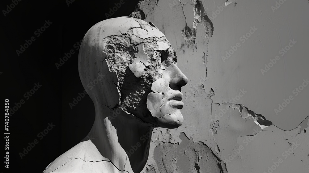 A black and white composition captures a decaying statue's face ...