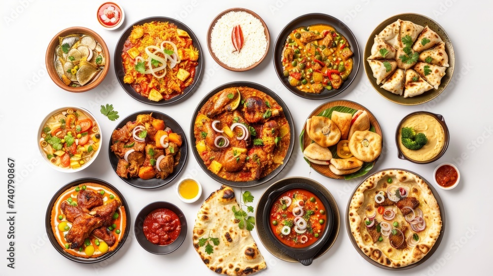 Desi, Indian traditional food set, top view. pizza, hummus, biryani ...
