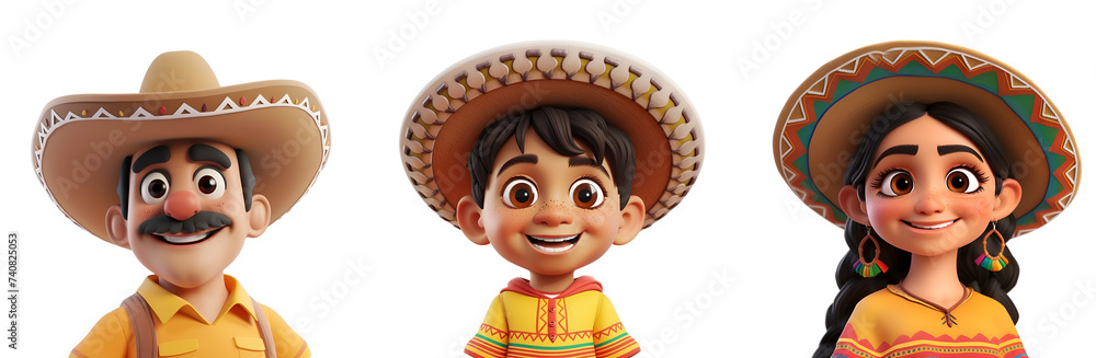 Set Collection of Simple 3D Cartoon Render: Happy Mexican Family - Man ...
