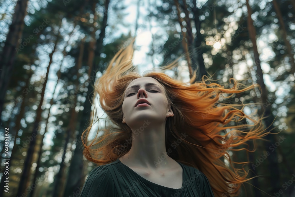 Alone Young woman with fluttering hair express emotions in forest Stock ...
