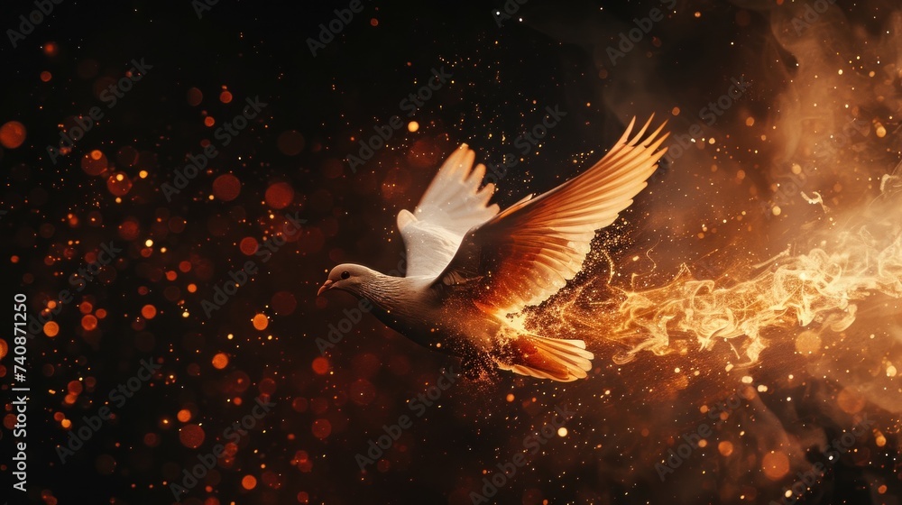 Flying white dove with fire effect on dark background. Symbol of peace ...