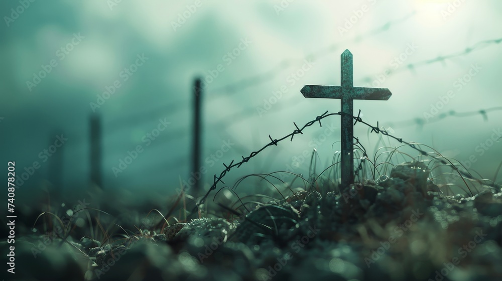 The cross of Jesus Christ breaks through the barrier wire on Calvary's ...
