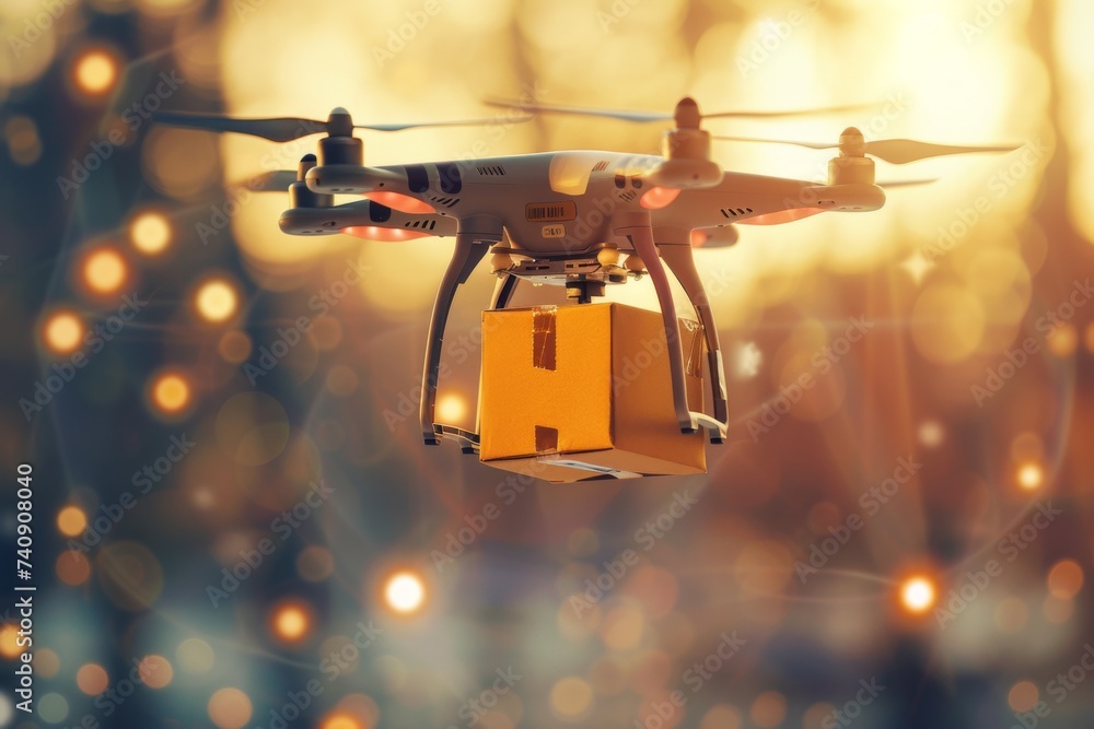 Smart package Drone Delivery uav. Box shipping tech box parcel drone ...