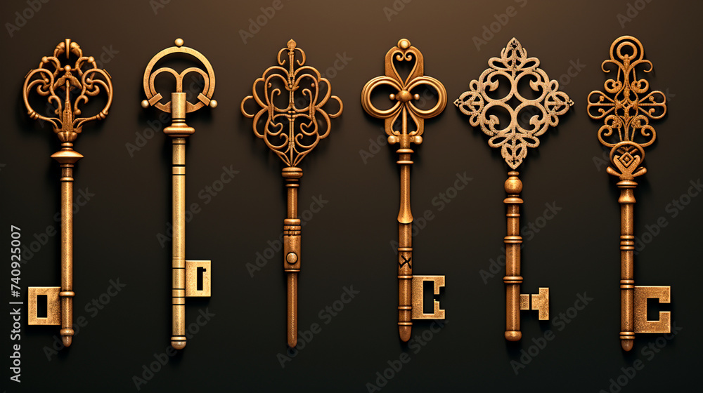 set realistic golden medieval medieval keys with gold and black ...