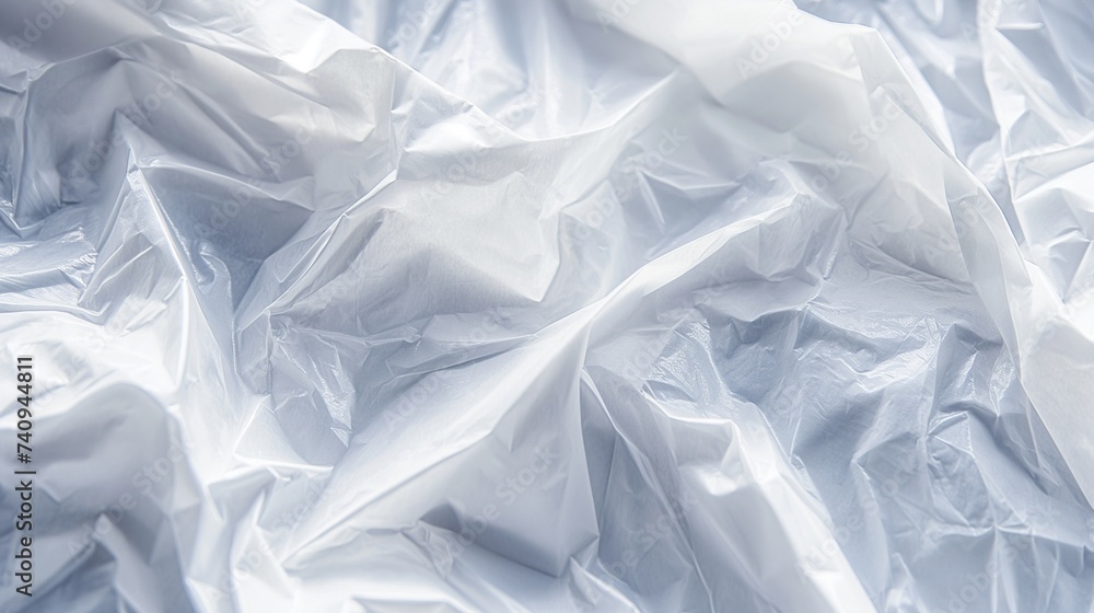 A close-up of a crinkled plastic bag against a stark white background ...
