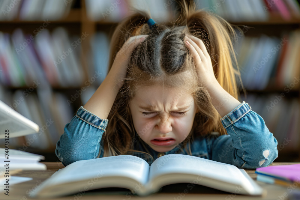 child refusing to do her homework. She is sitting at her desk with her ...