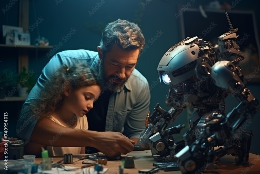 Stock-Illustration „Young girl assembling a simple robot, father ...