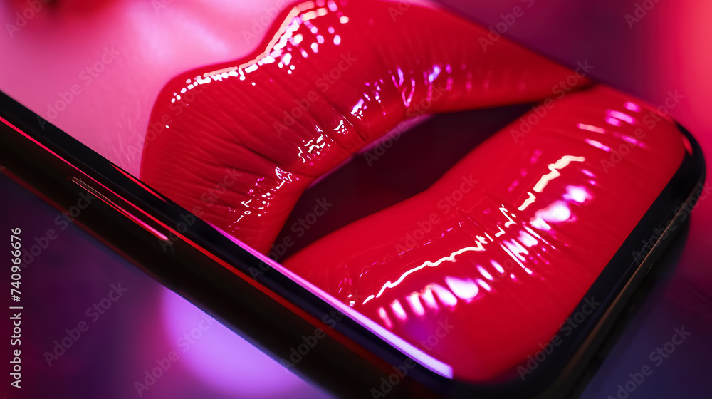 smartphone with red lips wallpaper on display, device woth lipstick ...