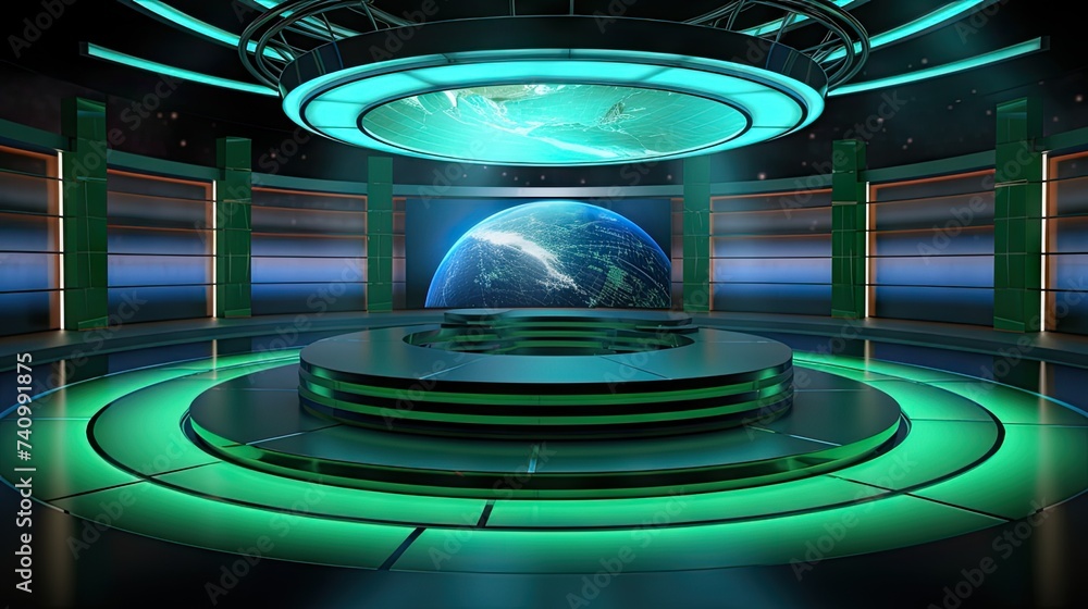 Zdjęcie bez tantiem: Virtual TV news broadcast studio set background ...