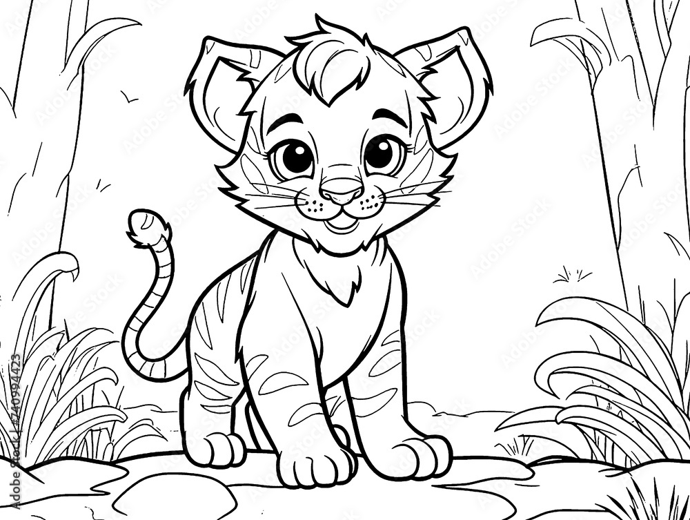 Tiger coloring book page black and white outline zoo animals ...
