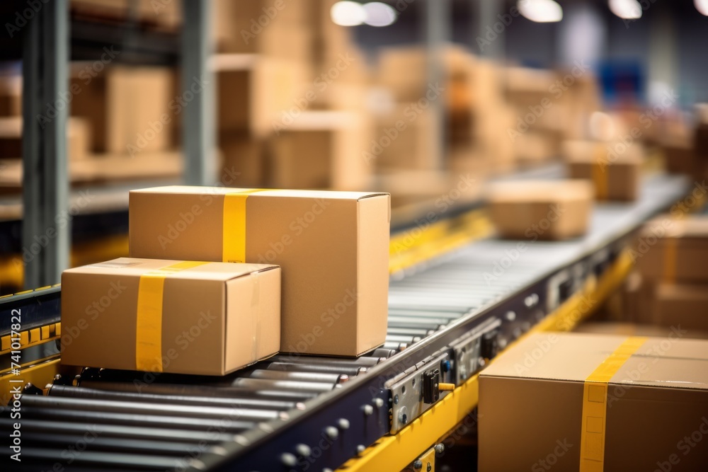 Cardboard boxes parcels on a conveyor belt, transport goods delivery ...