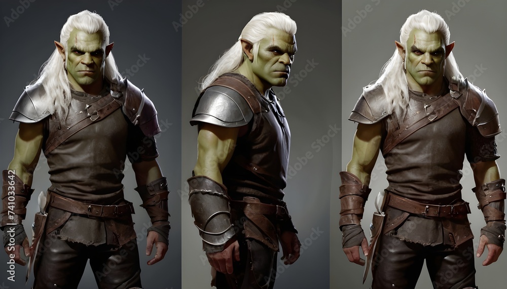 Dungeons and dragons half-orc character portrait sheet, back view, side ...